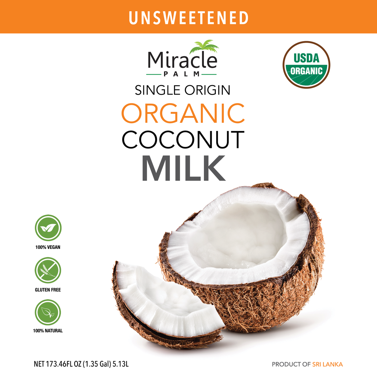 Miracle Palm Organic Coconut Milk 18% Fat - Unsweetened 5kg (11 lbs) B